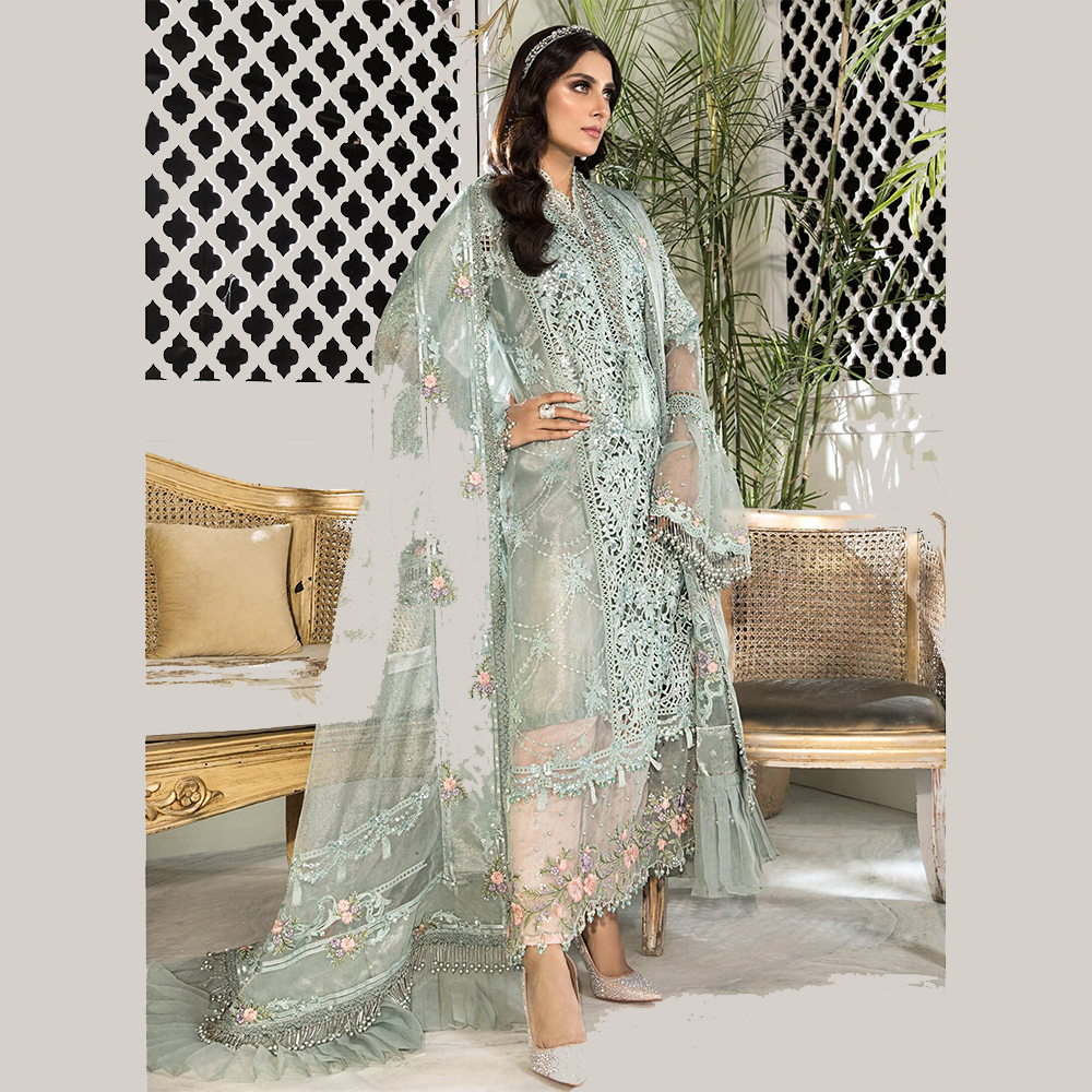 Unstitched Embroidered Net Party Wear Suit 4Pcs For Women - Sea Green ...